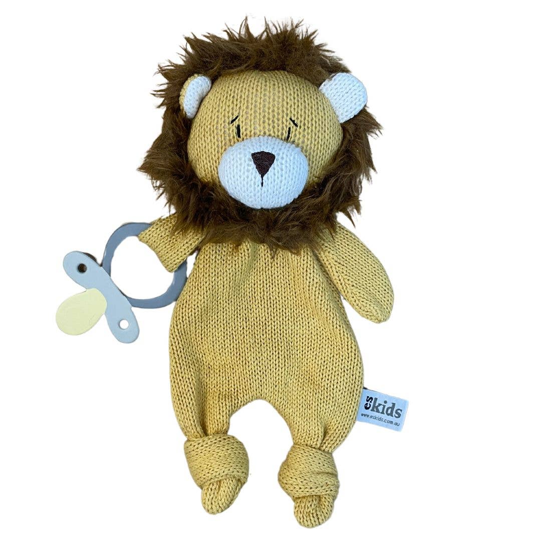 Eco Knitted Lion Baby Comforter with Dummy Holder – Speckled Hen Store